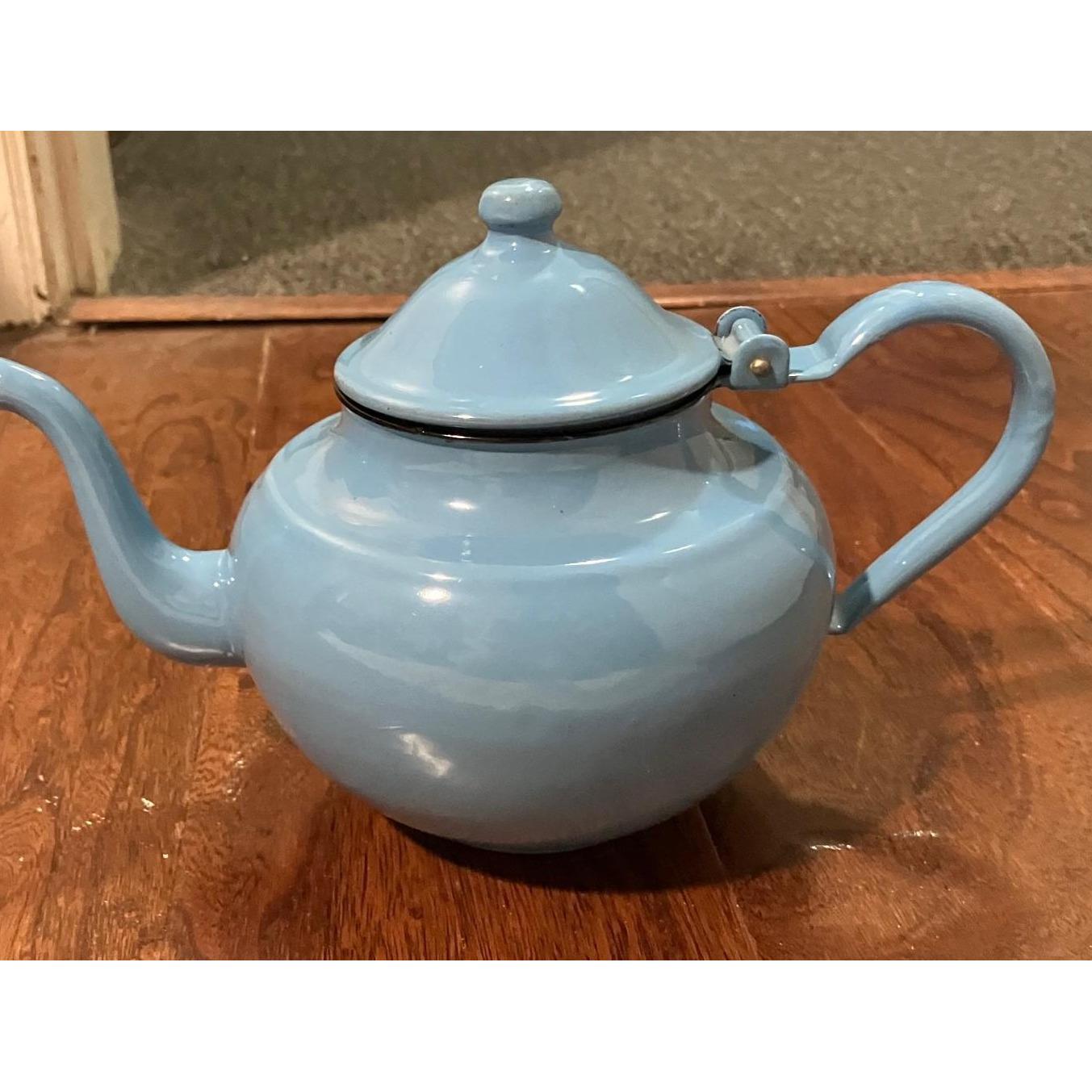 Vintage Blue Enamelware Teapot Kettle 3-Cup Made in Yugoslavia 14