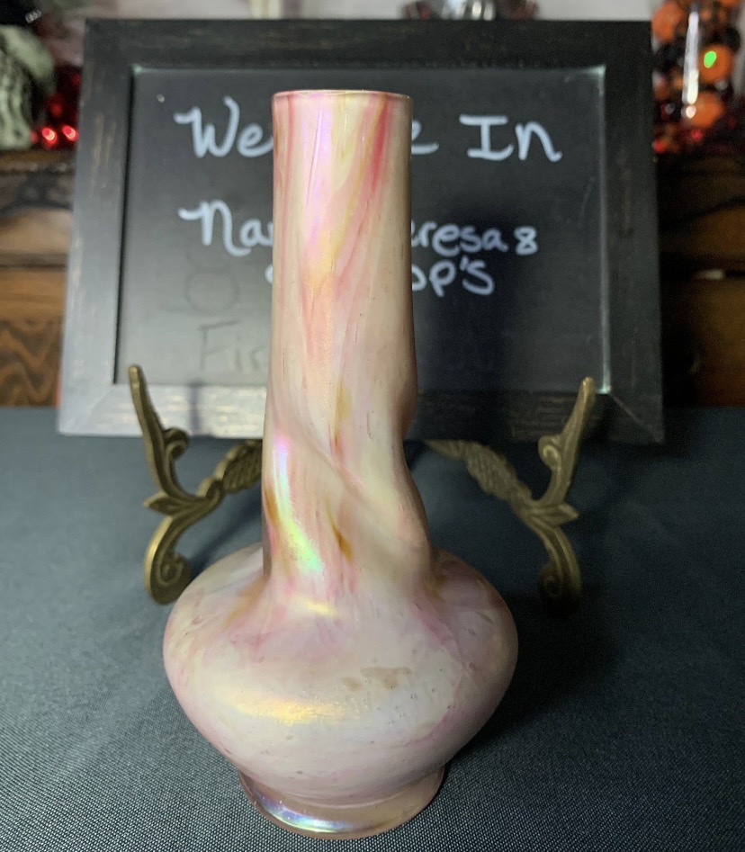Antique 1905 Rindskopf Pink Marbled Twisted Cased Glass Bud Vase!