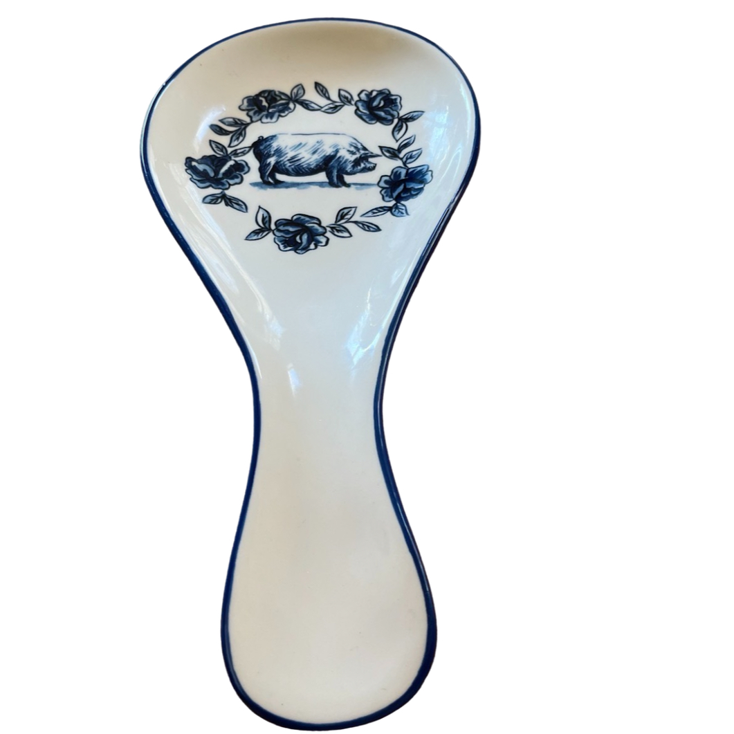 Anthropologie Molly Hatch Pig Spoon Rest Spoonrest Floral Ivory & Navy ...