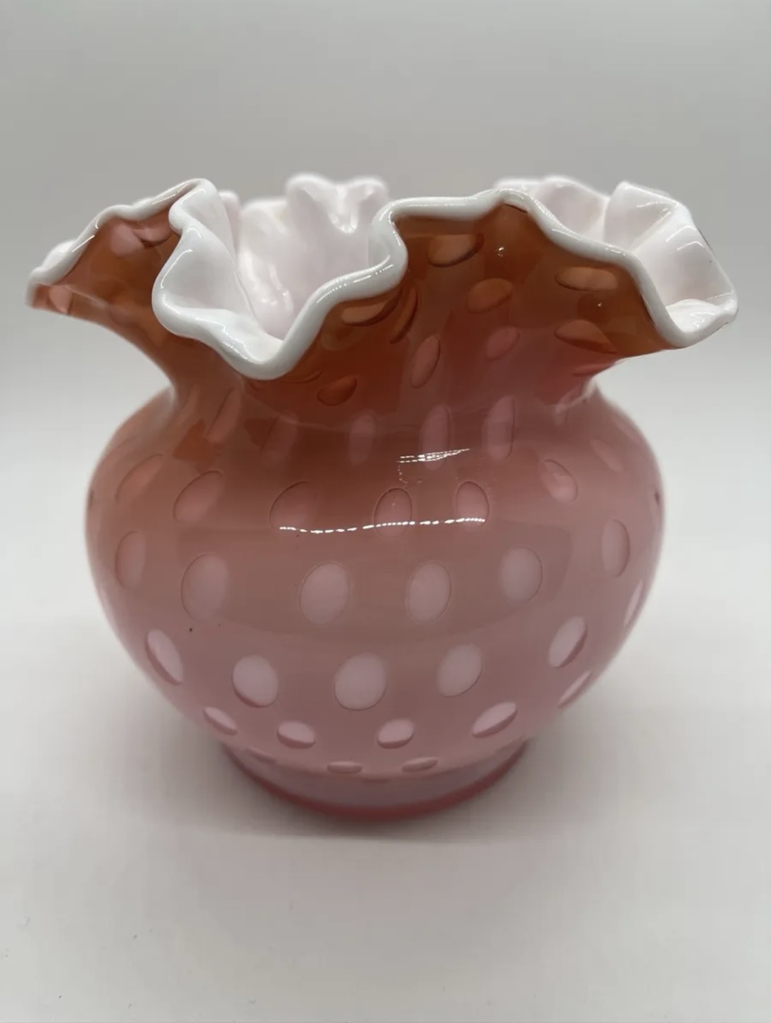 Fenton Pink Coral Bubble Optic Cased GLASS Vase Crimped Ruffle Edge HTF EVC