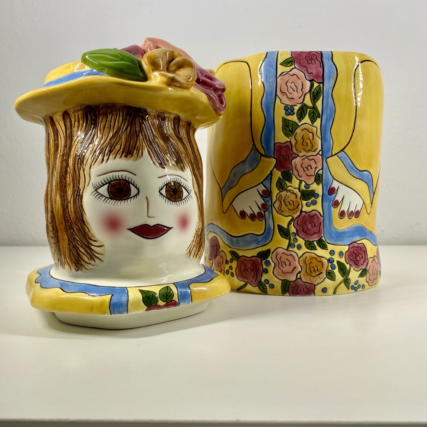 Signed SUSAN PALEY Cookie/Biscuit Jar LADY MINNA for Ganz Yellow Pink ...