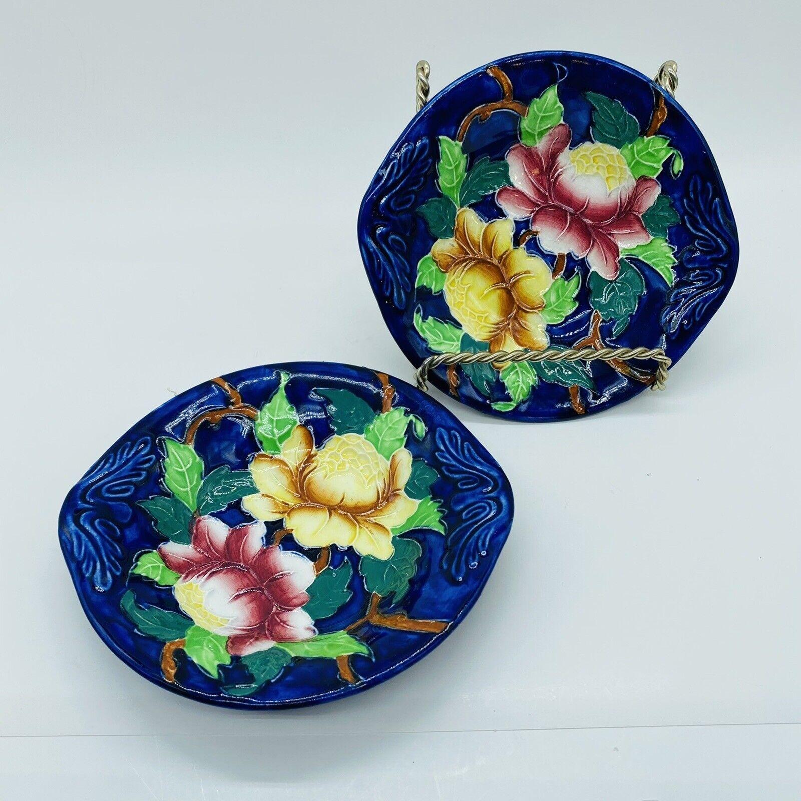 Antique Maling Newcastle on Tyne fine China Pair Relish Dishes Blue Floral