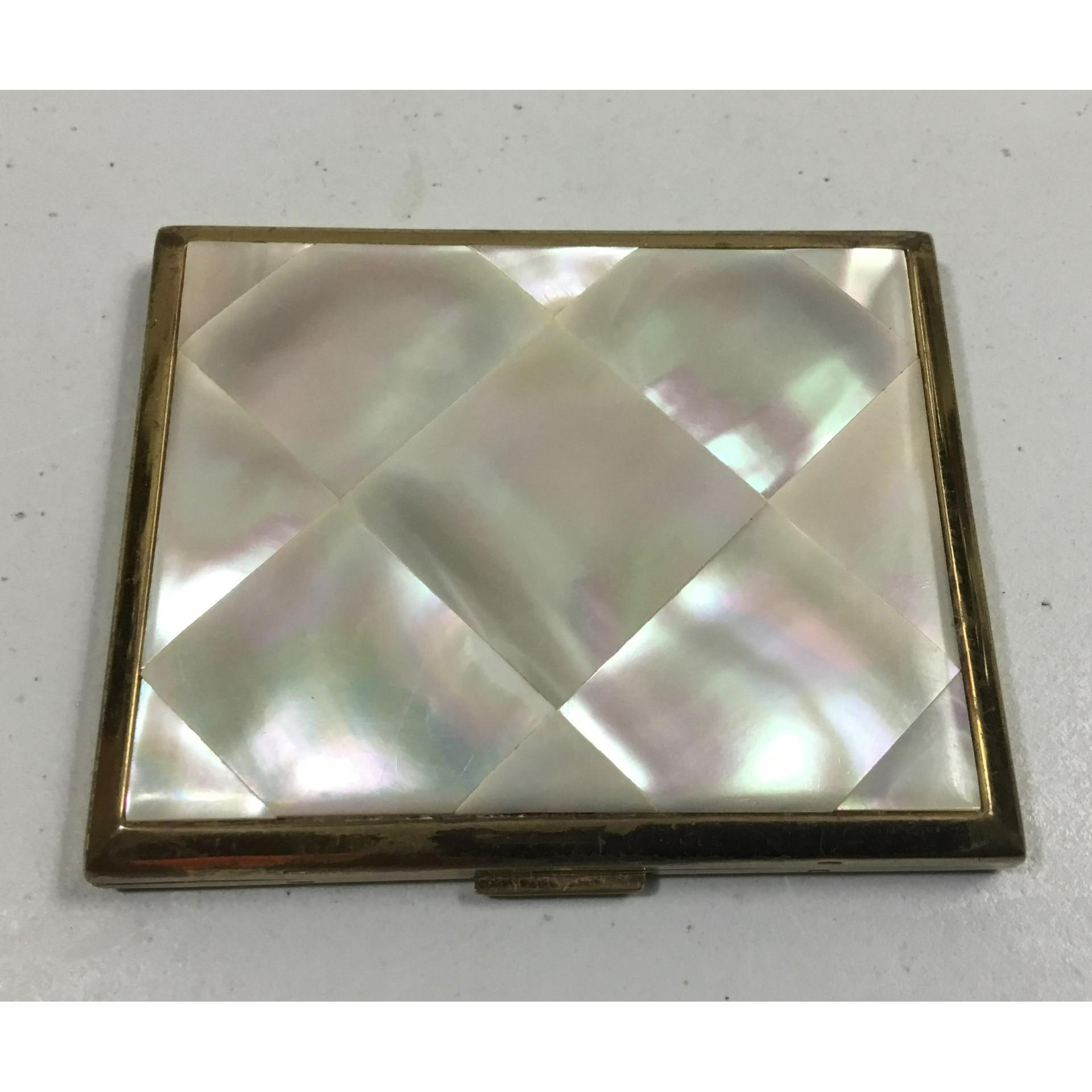 Vintage mother of pearl diagonal inlay compact, Elgin American, brass