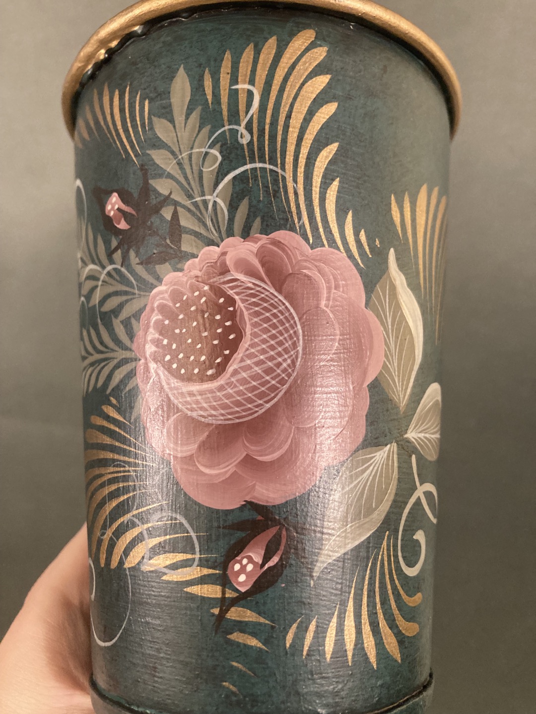 Signed 90s Tole Painted Metal Cup Rose Motif