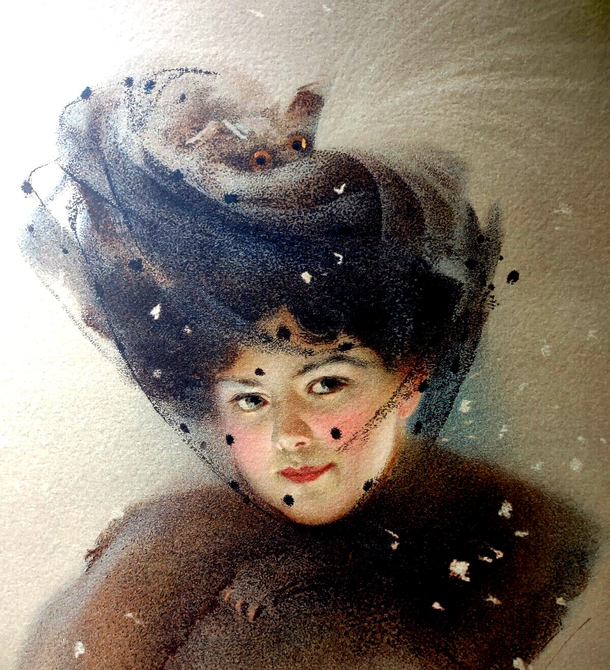 Victorian Art Print Women In Veil Hat Fur Hat Lithograph 1909 Original ...