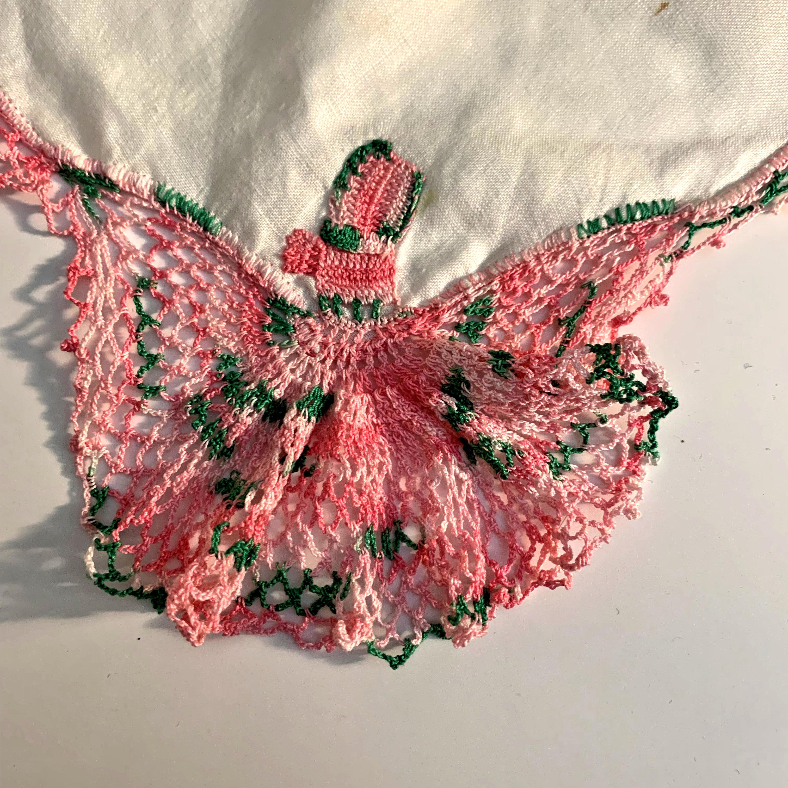 White Linen Crochet Lace Handkerchief Hanky Pink Green Vintage Granny ...