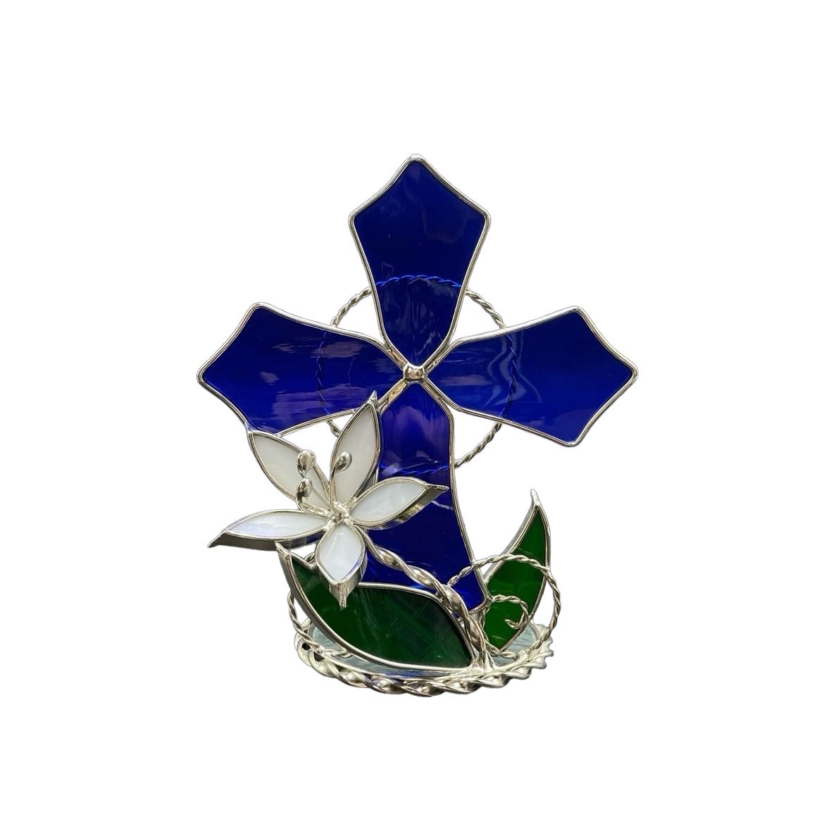 Blue Stained Glass Cross White Flower Tea Light Candle Holder Religious ...