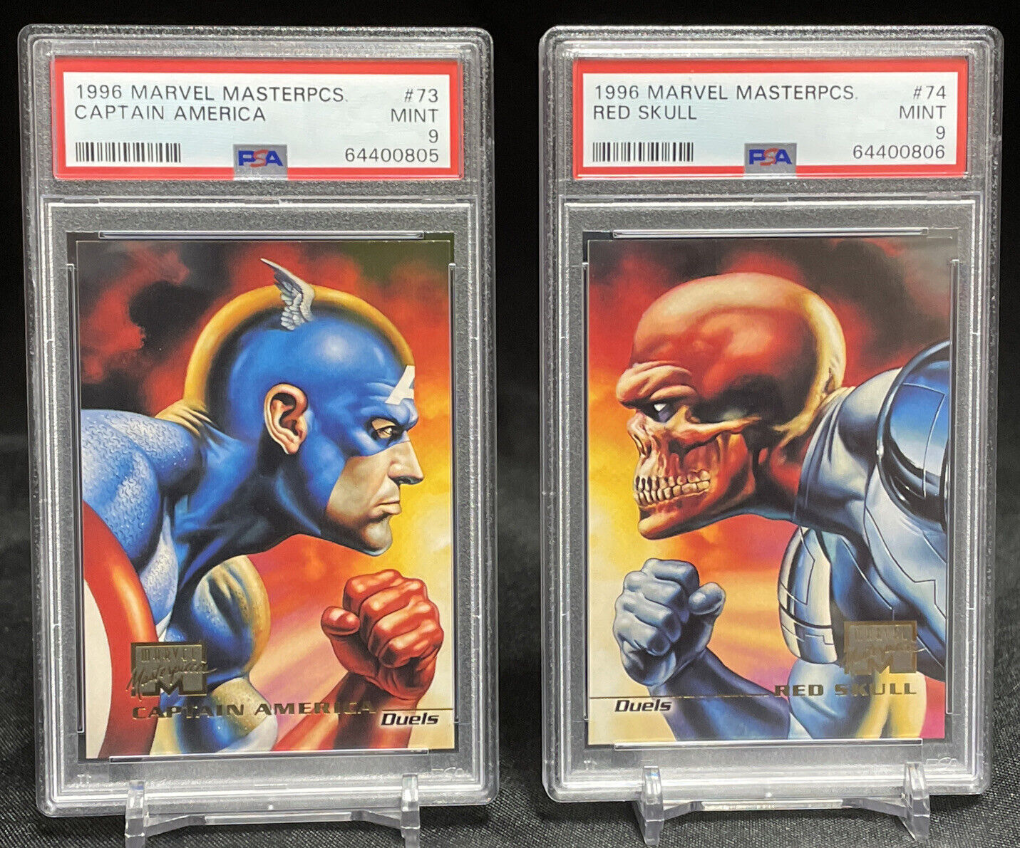 1996 Marvel Masterpieces Duels #73 Captain America PSA 9 and #74 Red ...