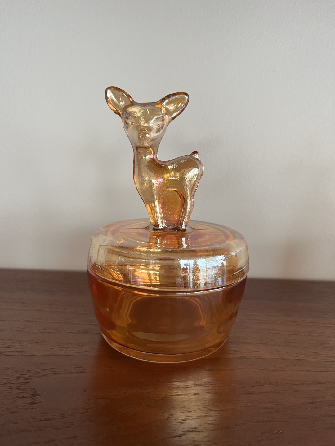 Vintage Jeanette Glass Marigold Deer Trinket Box, Carnival Glass Deer Fawn