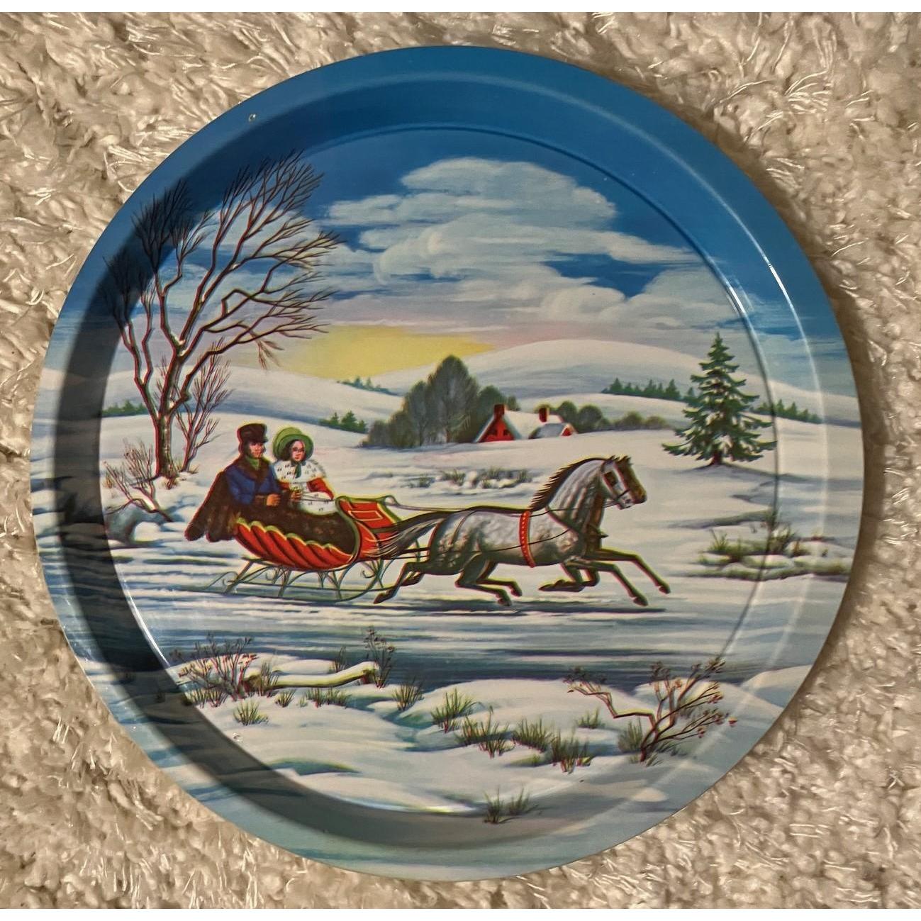 Vintage Plastic Christmas Tray 11” Sleigh Snow Winter Holidays Decor