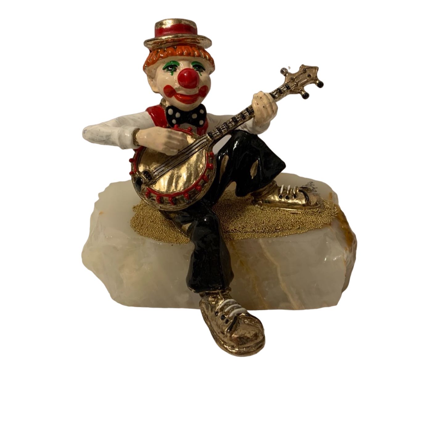 1984 Ron Lee Cast Metal Clown Playing Banjo On Onyx Base Sculpture
