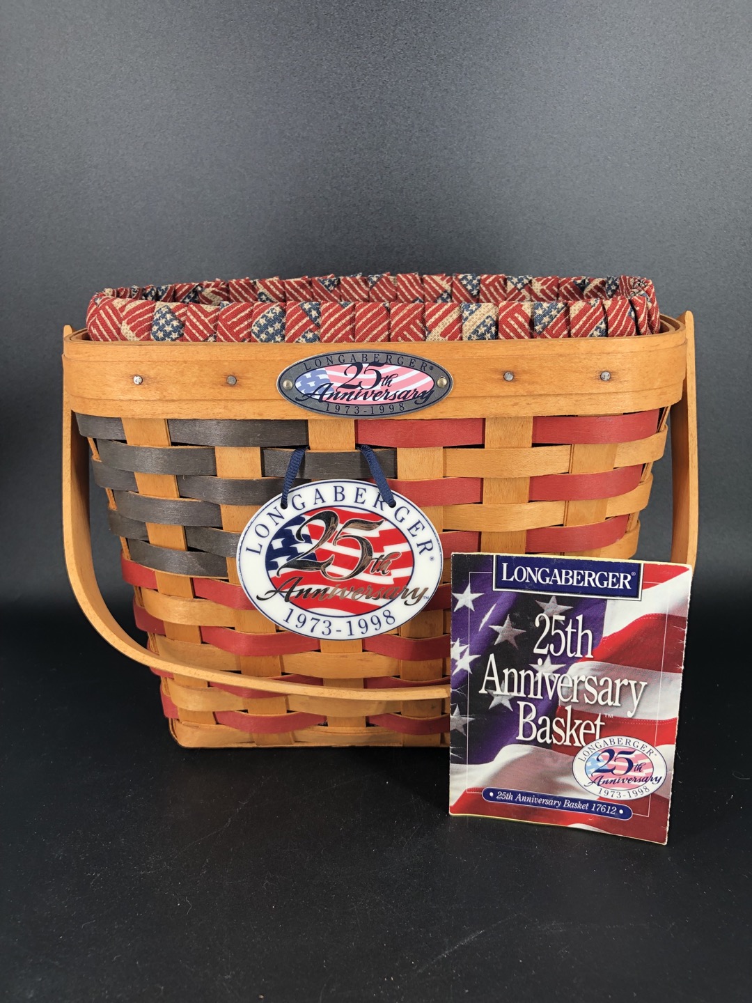 1998 Longaberger 25th Anniversary Flag Basket w/ Liner, Protector, & Tie On