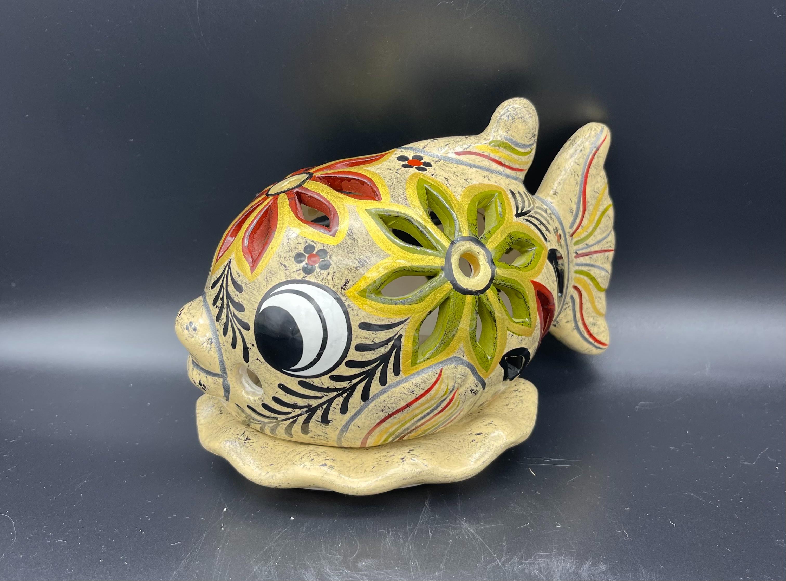 Mexican art pottery puffer fish votive candle luminary.