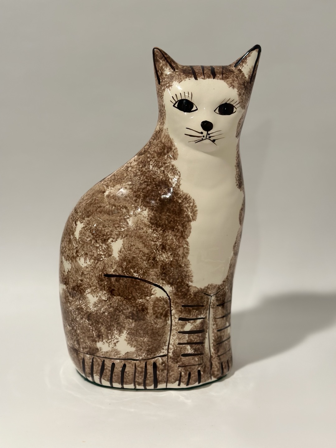 Vintage Folk Art Calico Brown Sponge Ware Sitting Cat Figurine + Vase 12.5”