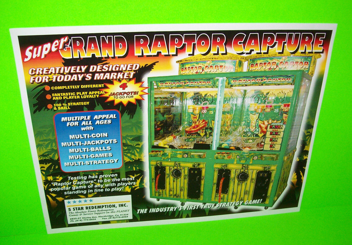 SUPER GRAND RAPTOR CAPTURE REDEMPTION ARCADE GAME MACHINE SALES FLYER
