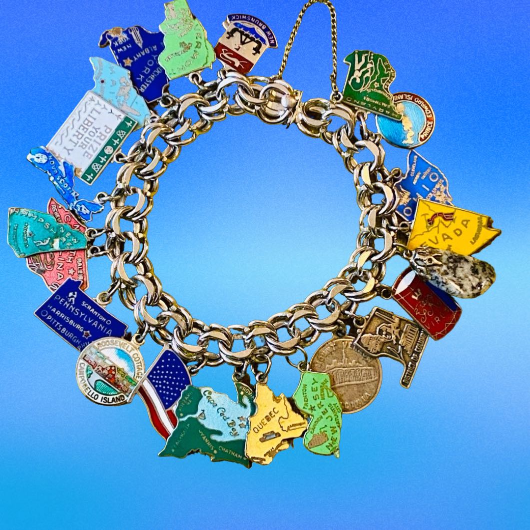 Vintage Heavy Sterling Silver States Bracelet W/ 21 Charms 90 grams