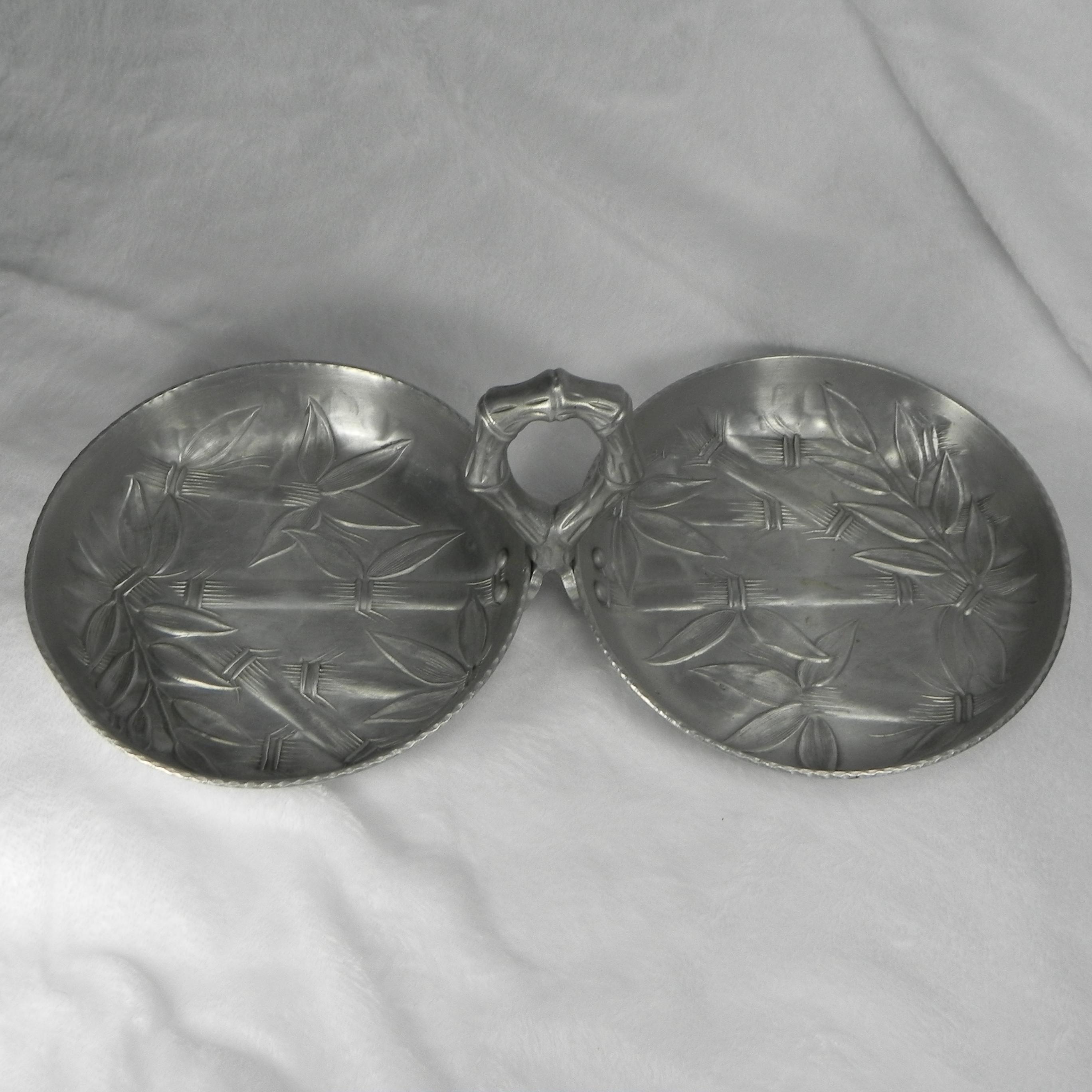 Vintage Aluminum Bamboo Double Dish with Handle