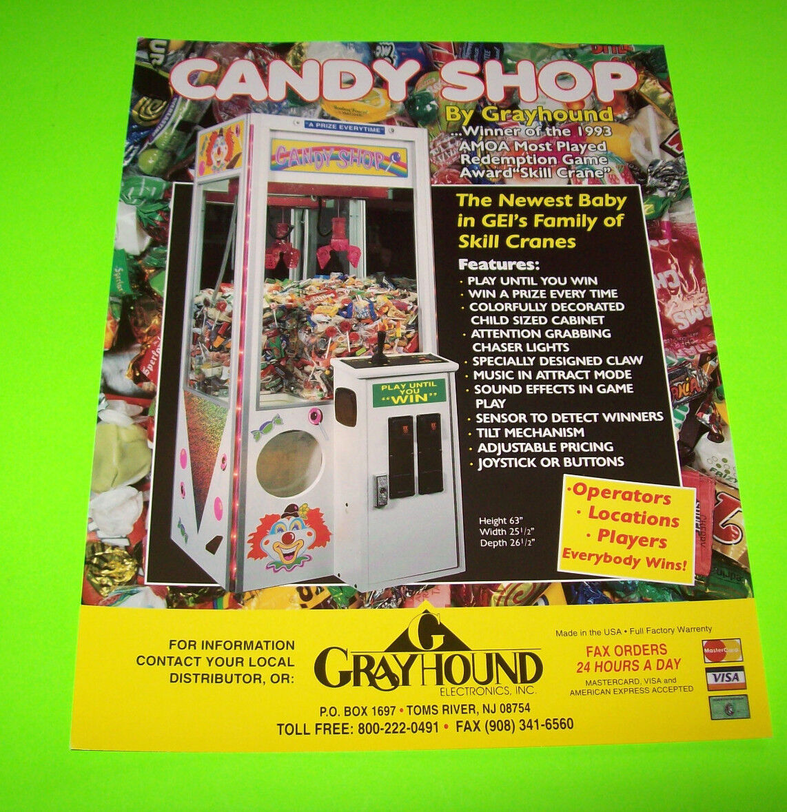 CANDY SHOP Skill Crane Original NOS Redemption Claw ARCADE GAME Flyer