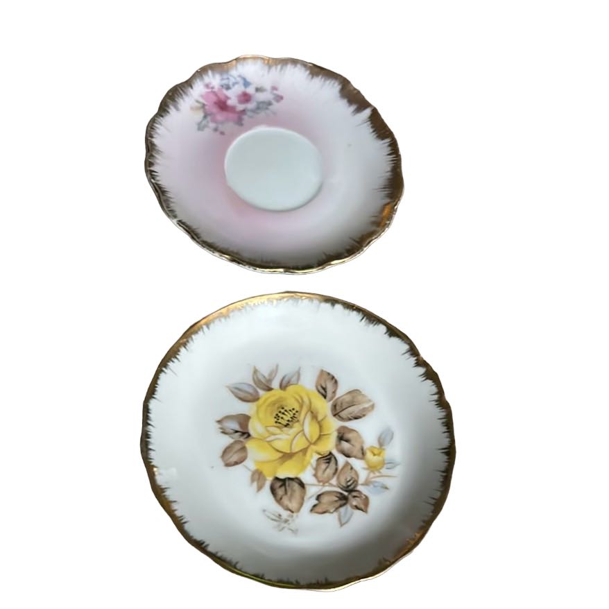 Small Flower China Plates Trimmed in Gold, One Pink One Yellow