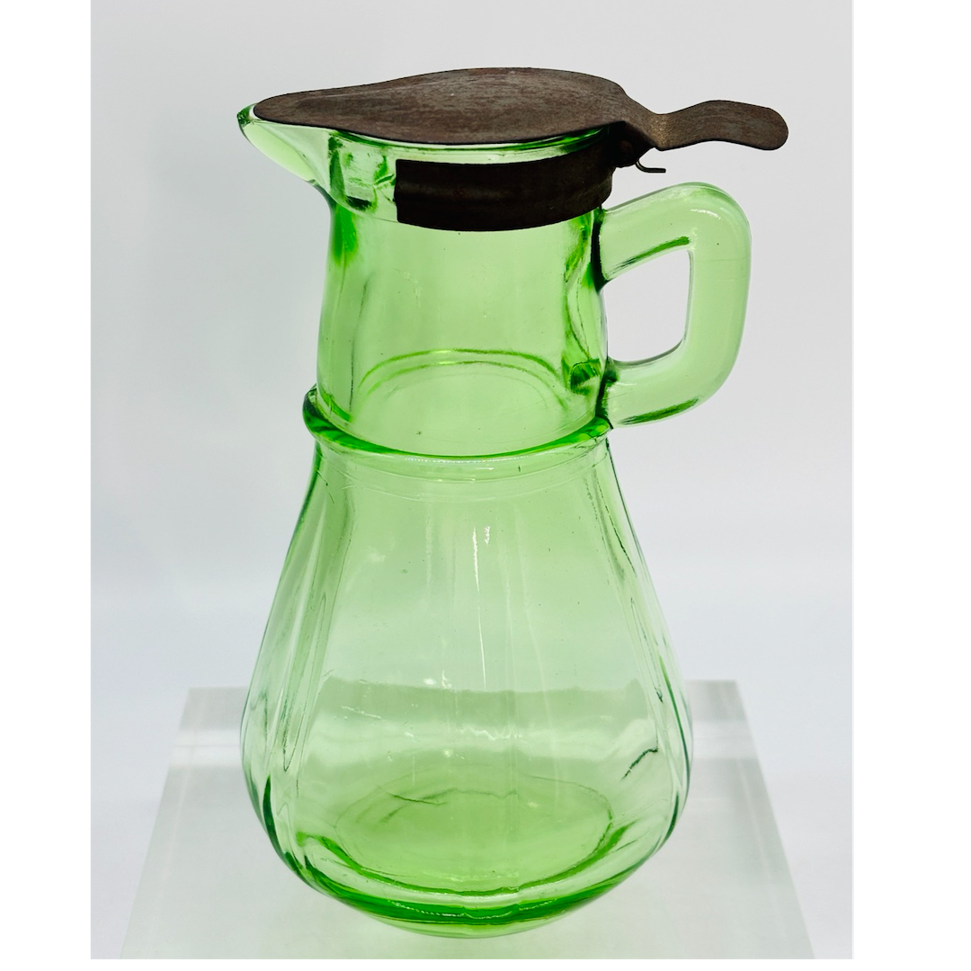 Green Uranium Depression Glass Syrup Pitcher With Lid Glows