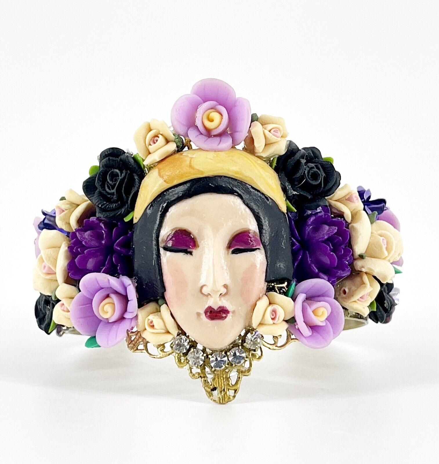 RARE OOAK ORNATE ASIAN OPERA MASK OPEN ENDED BRACELET APPLIED ROSES ...