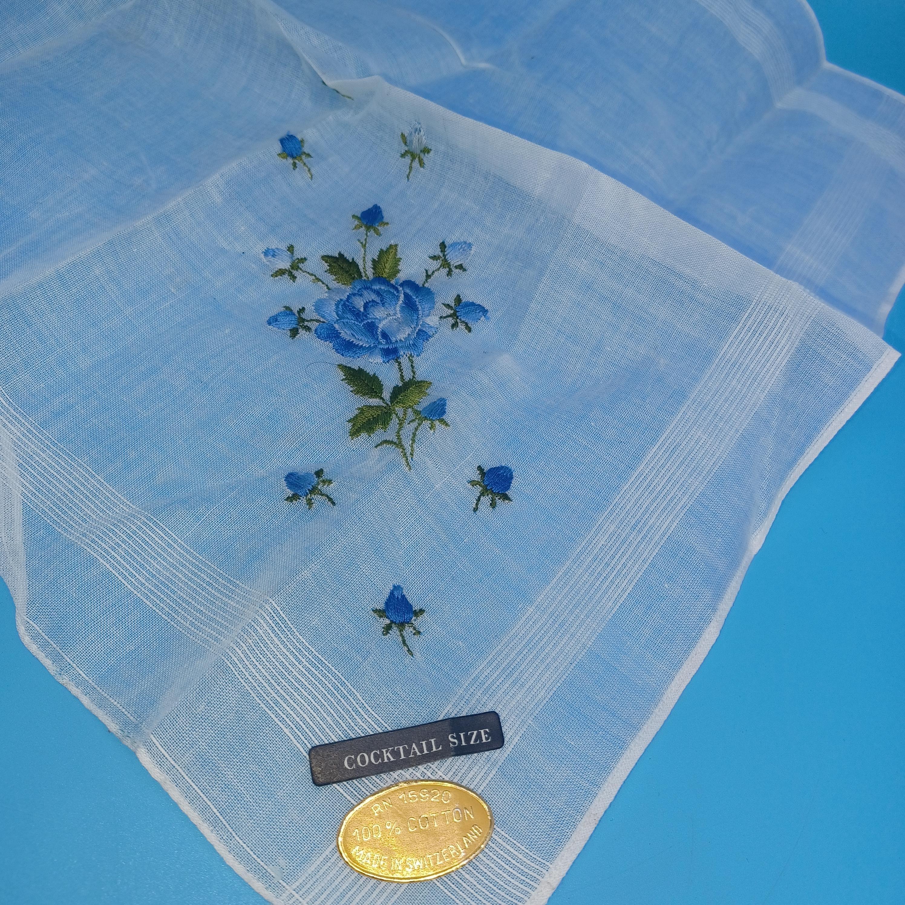 Vintage Swiss Embroidered Sheer Handkerchief Blue Roses NWT