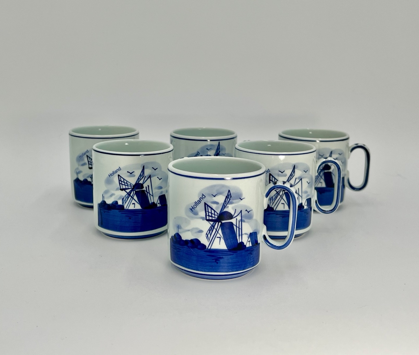 6 Delft’s Blauw Mugs Bosman Holland Hand Painted Windmill Floral Stackable