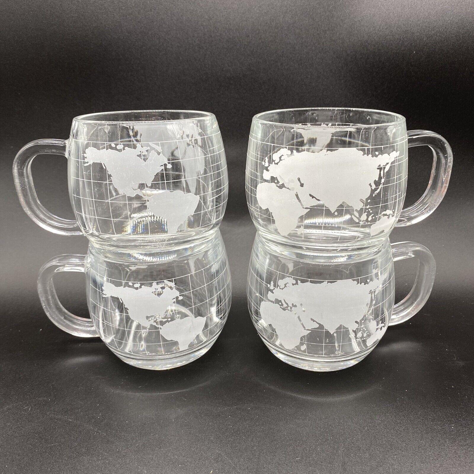Vintage Nestle Nescafe Etched Clear Glass World Globe Coffee Mugs Cups ...