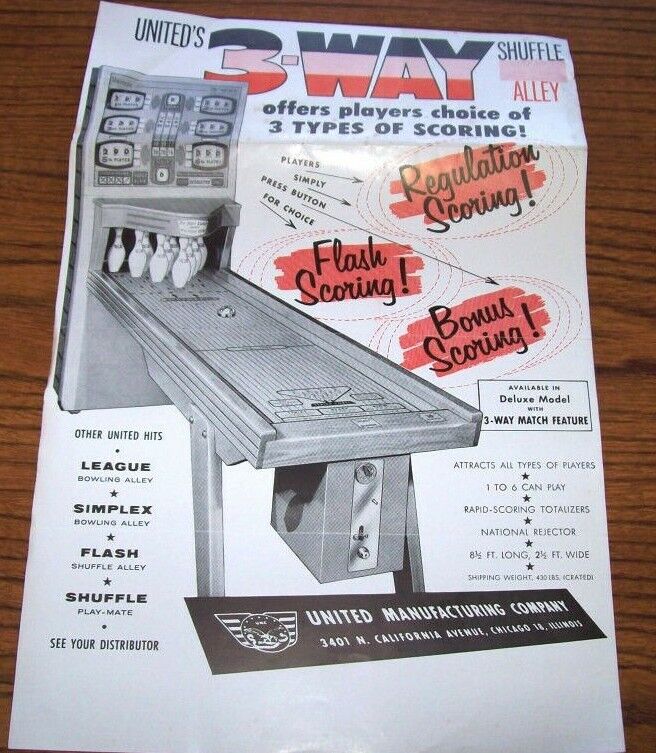 3 Way Shuffle Bowling Arcade Flyer Original United Game Art Print 1959