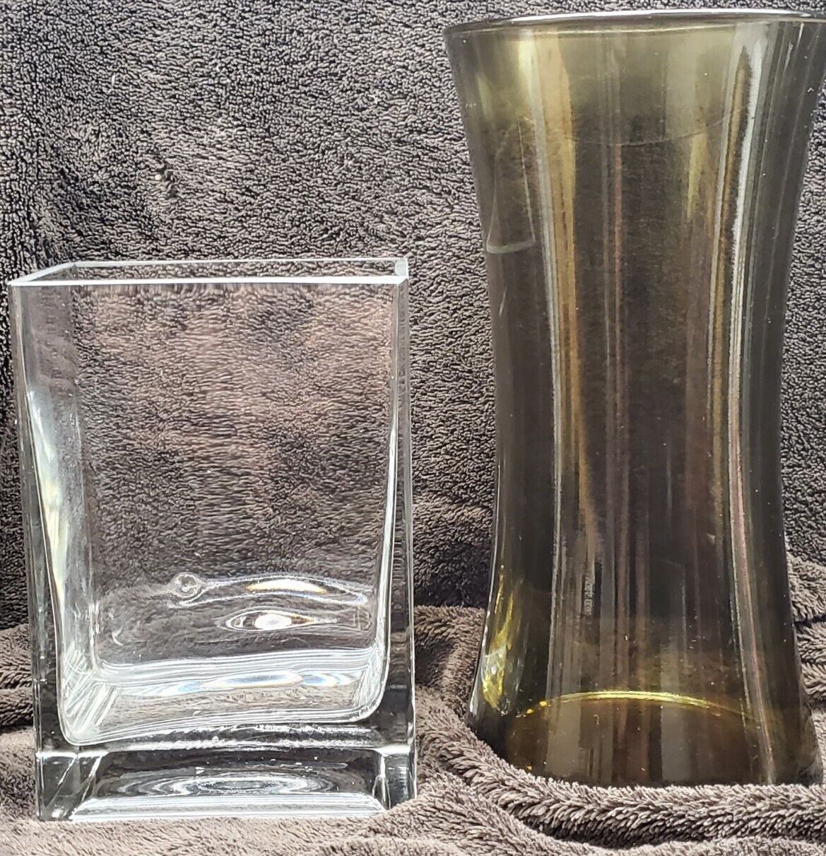 Clear Glass Rectangle & Fluted Smoked Glass Flower Vase
