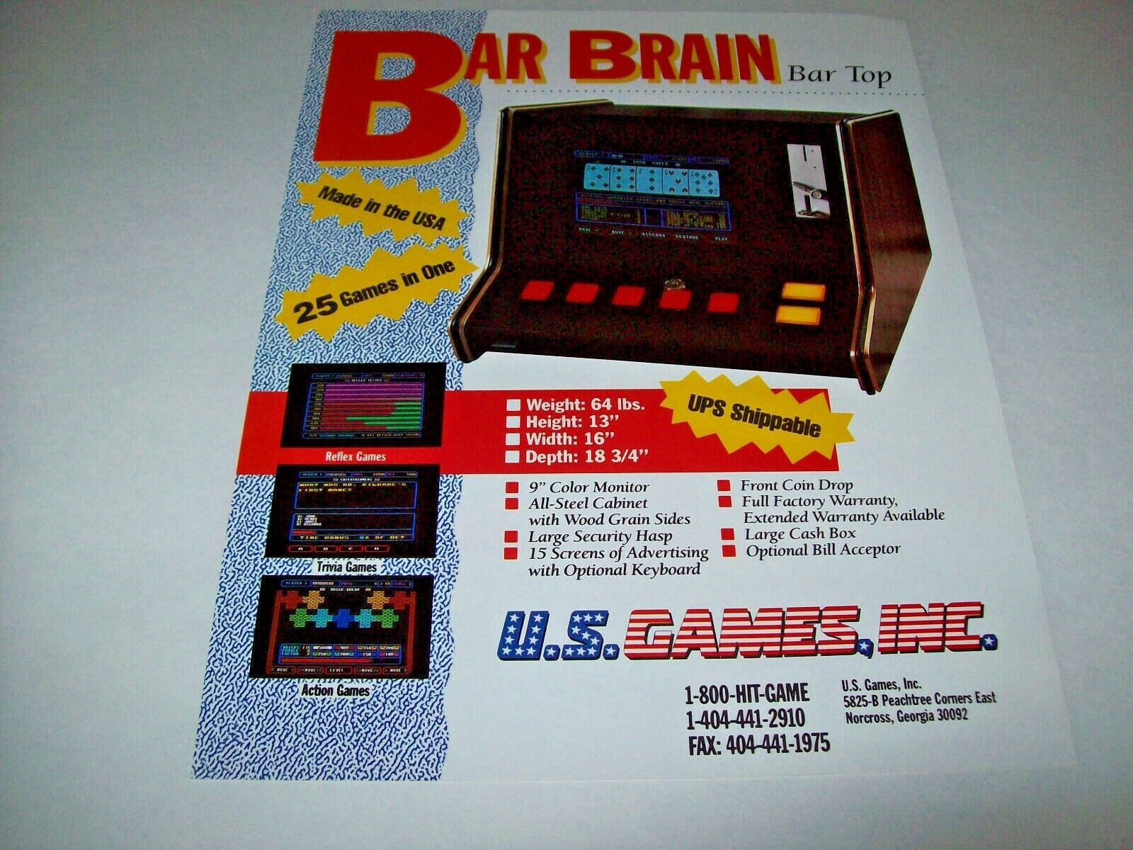 Bar Brain Arcade Flyer Original Video Game Countertop Art Promo Vintage