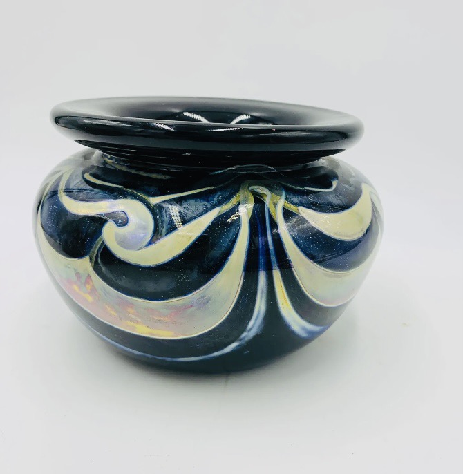 1975 Quintin Lake Black Blown Glass Cauldron Vase Pulled Feather Art ...