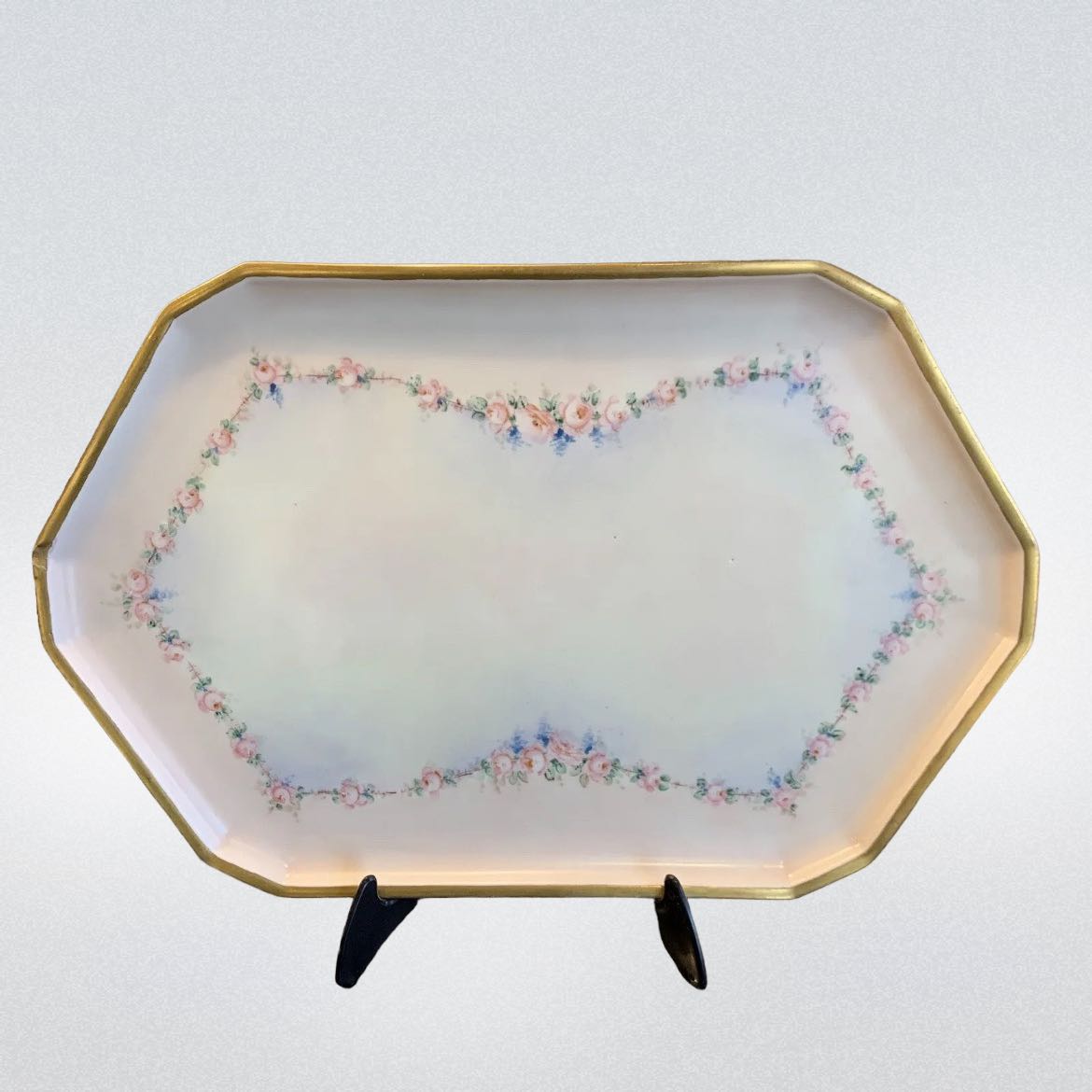 Antique MZ Austria Hand Painted Vanity Tray Platter Pink Roses Gold Trim