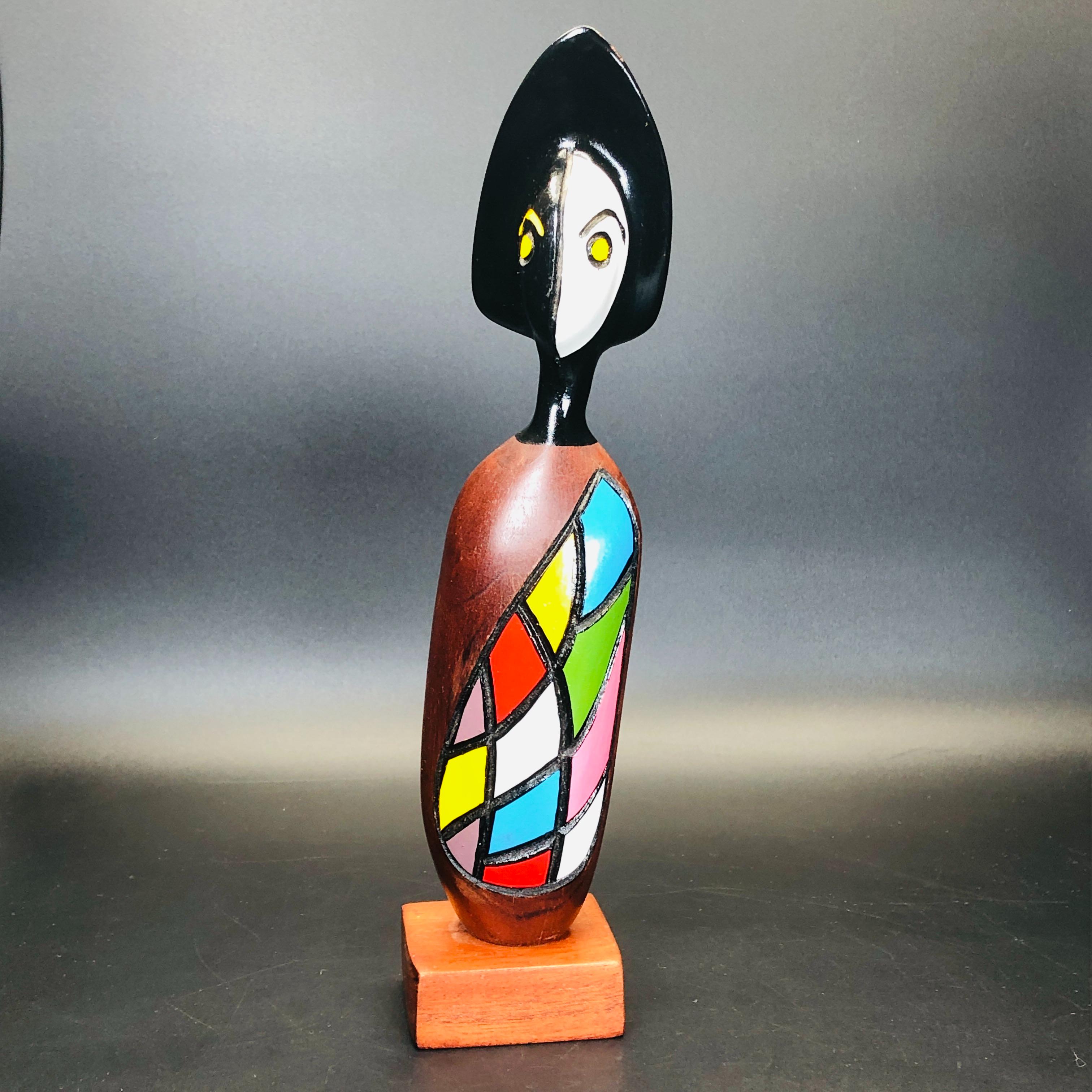 Frank Coronado Harlequin Figurine Colorful Hand carved Wood Sculpture