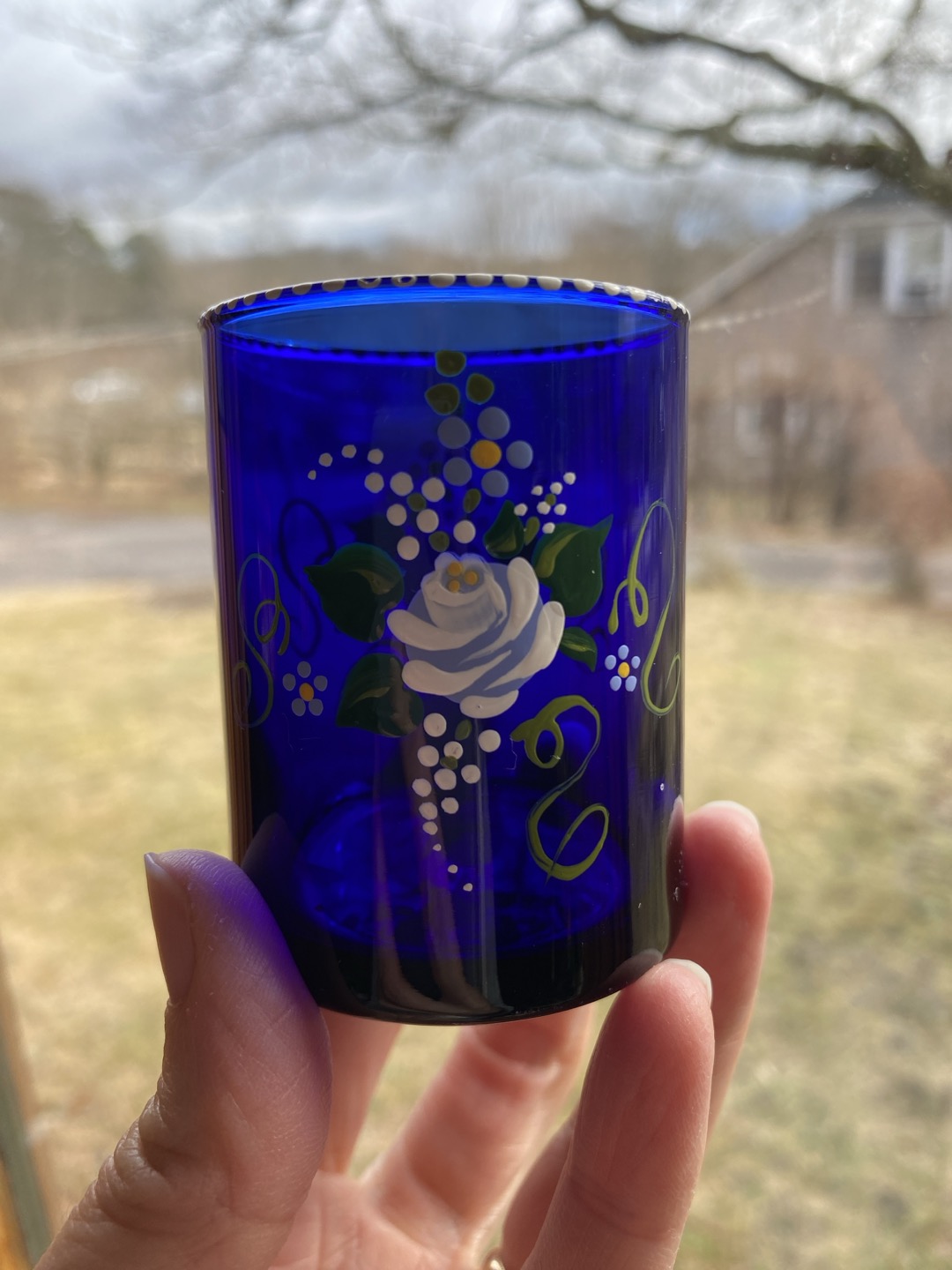 Cobalt Blue Glass Hand Painted Floral Votive Holder