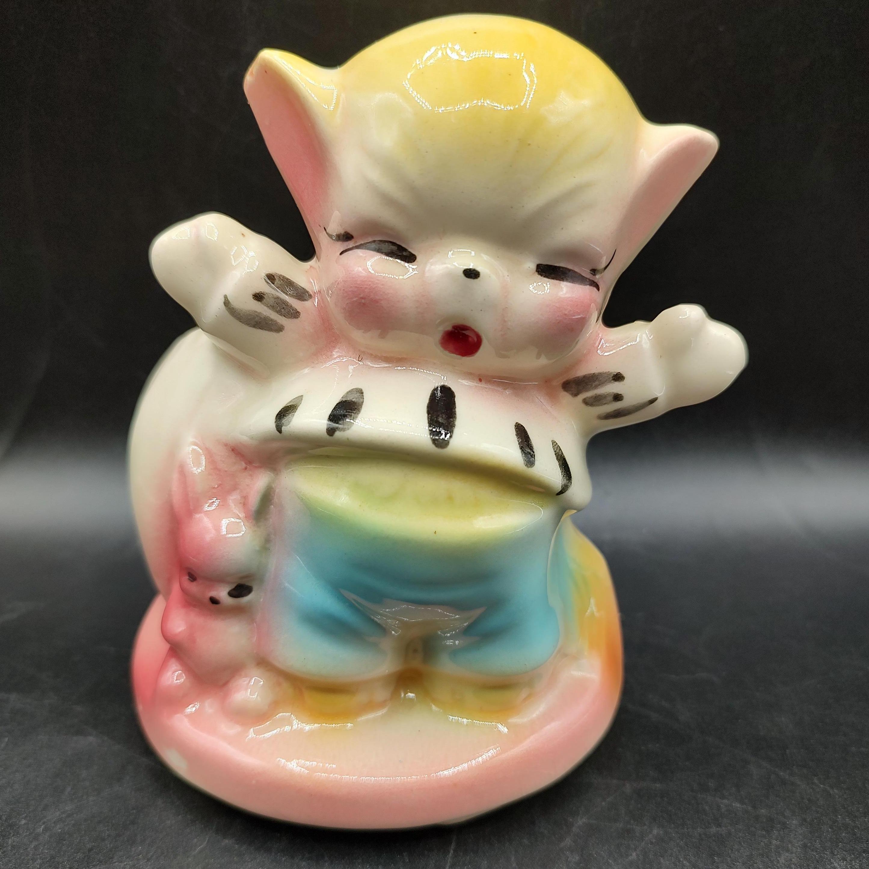 Vtg American Bisque Ceramic Crying Kitten Planter