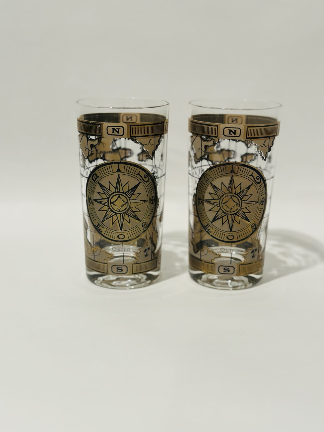Set Of 2 CARIBBEAN MAP GLASS TUMBLER HIGHBALL CARIBEAN NAUTICAL GOLD ...