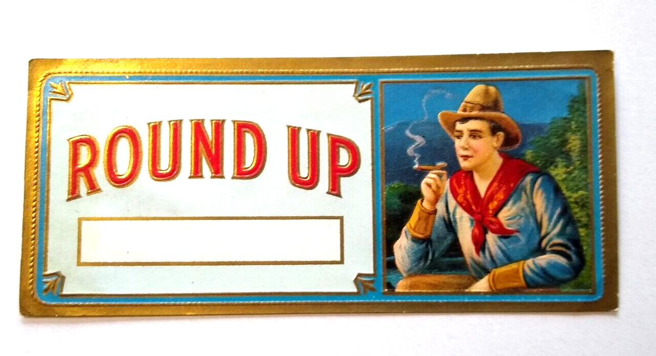 Round Up Cigar Tobacco Box Paper Label Cowboy Western Embossed Vintage ...