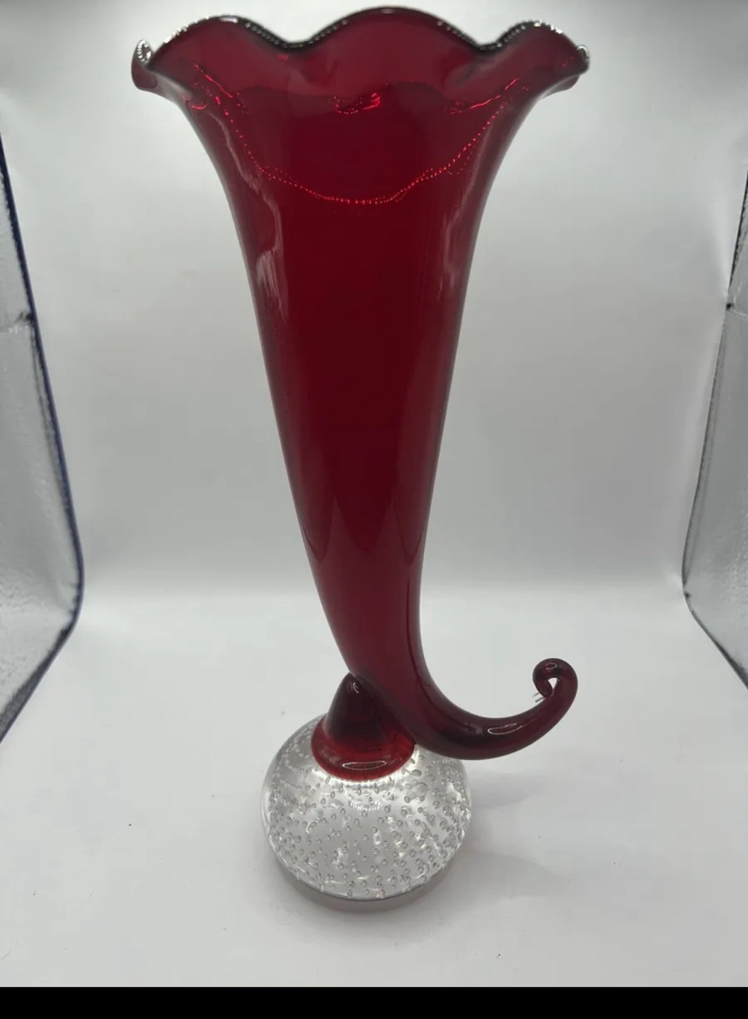 Antique Pairpoint Ruby Red Glass Bubble Ball Cornucopia Vase