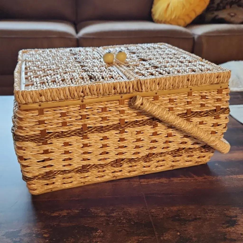 Wicker Twin Lid Sewing Basket, Orange, Pink, Yellow Flowers