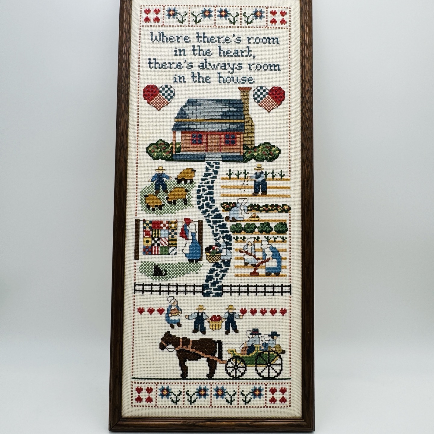 Amish Cross Stitch Farm House Horse Quilt Hearts Completed Finished