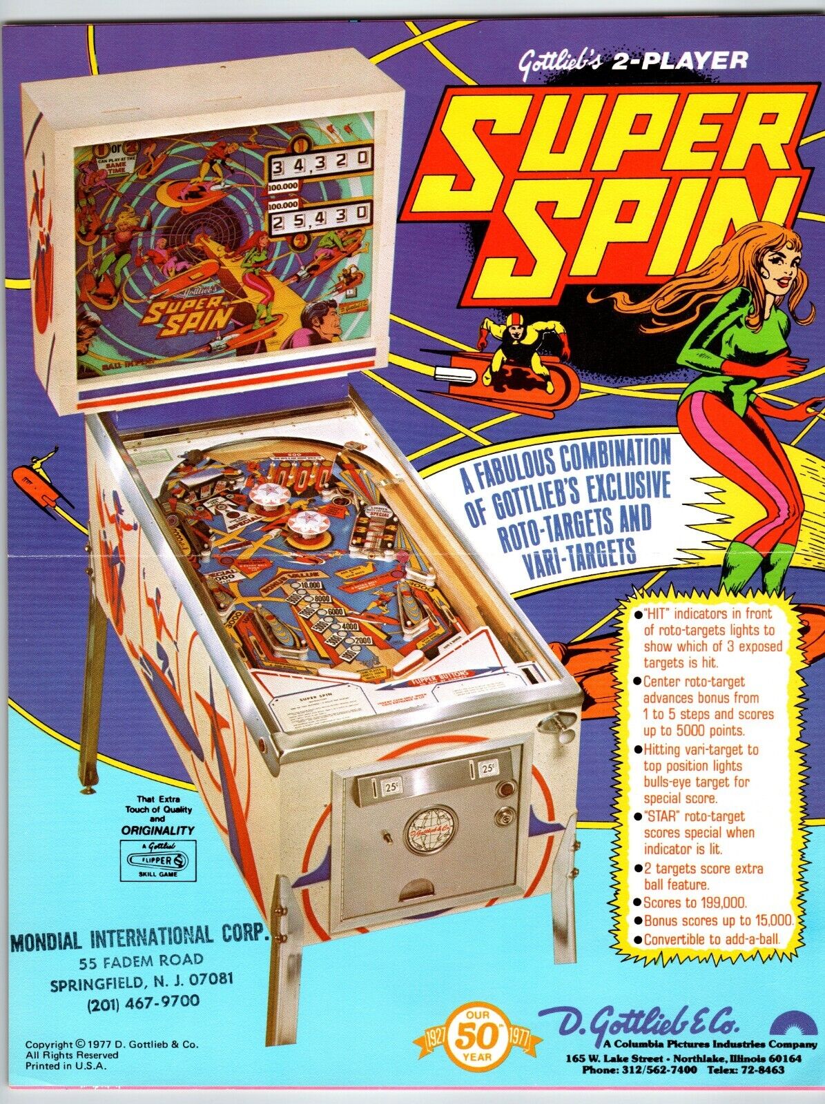Super Spin Pinball Machine FLYER Original 1977 Vintage Retro Game Art 8 ...