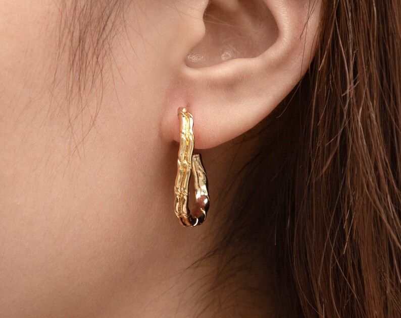 18 kt Gold Rustic Huggie Hoop Earrings, Chunky Earring Hoops, Simple ...