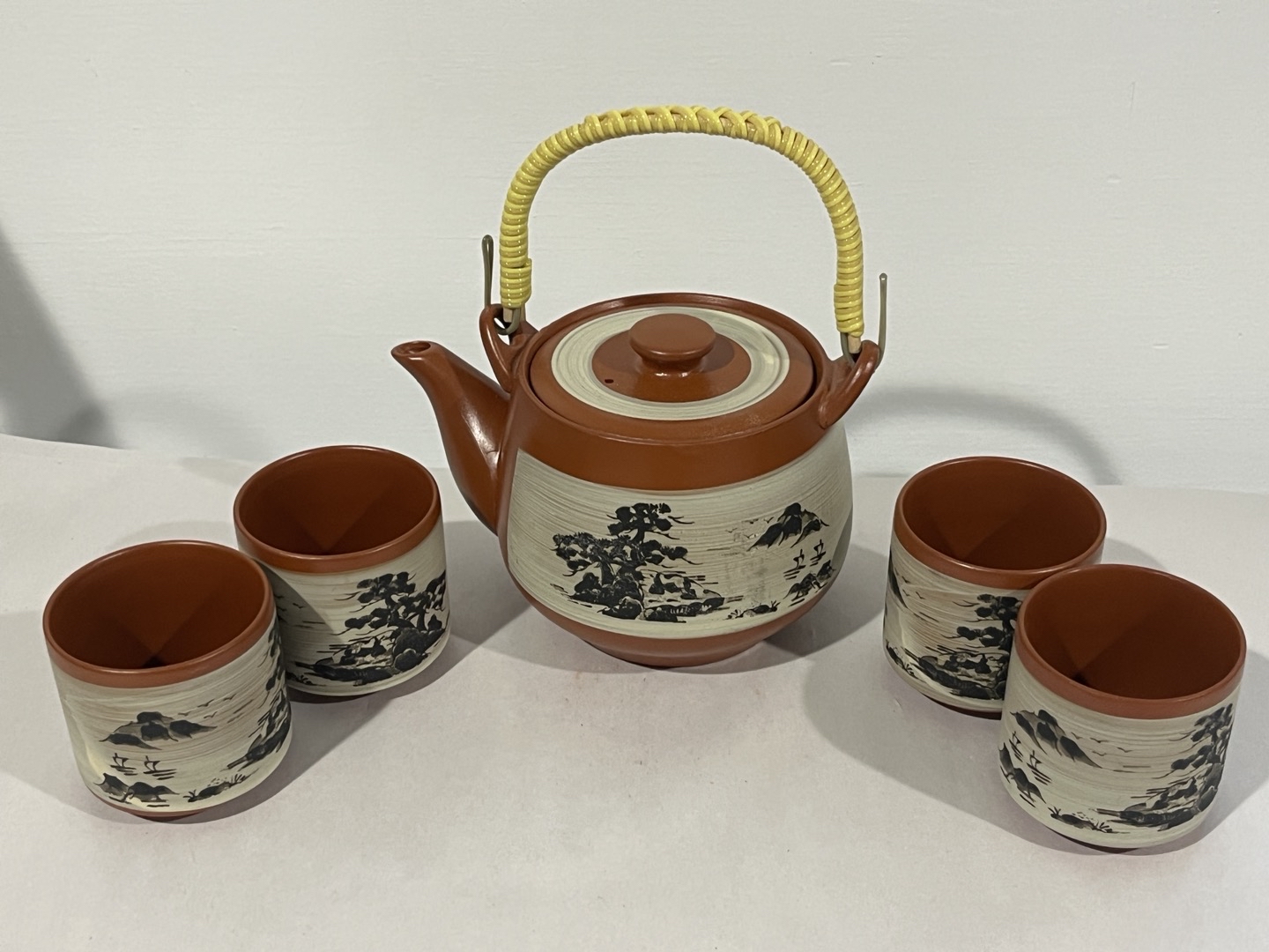 Japanese Clay Terracotta 6 Piece Tea Set Traditional Mountain Ocean ...