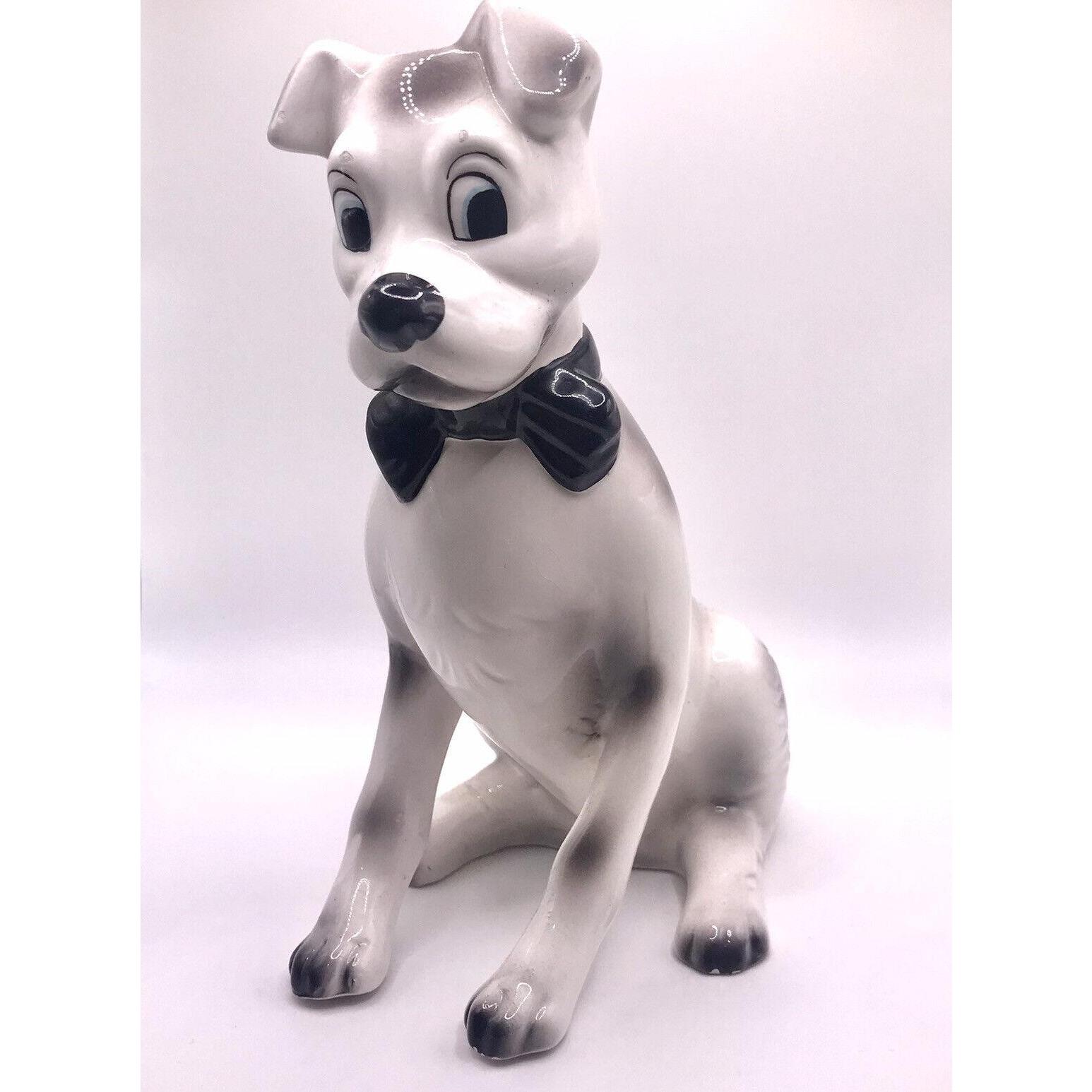 Vintage Playful Ceramic Sitting Dog Figurine Black and White w/ Bowtie ...