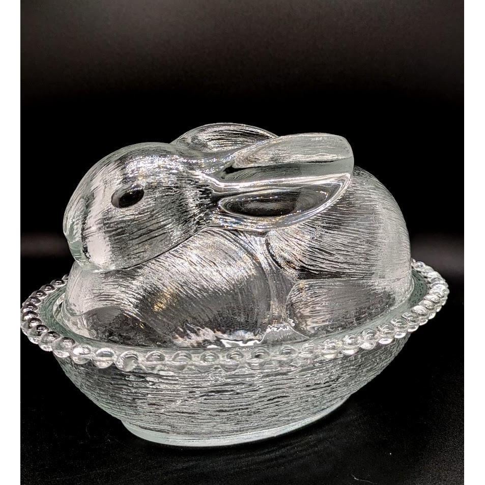 Vintage Tiara Bunny in a Basket - Clear Glass Bunny - Rabbit Candy Dish