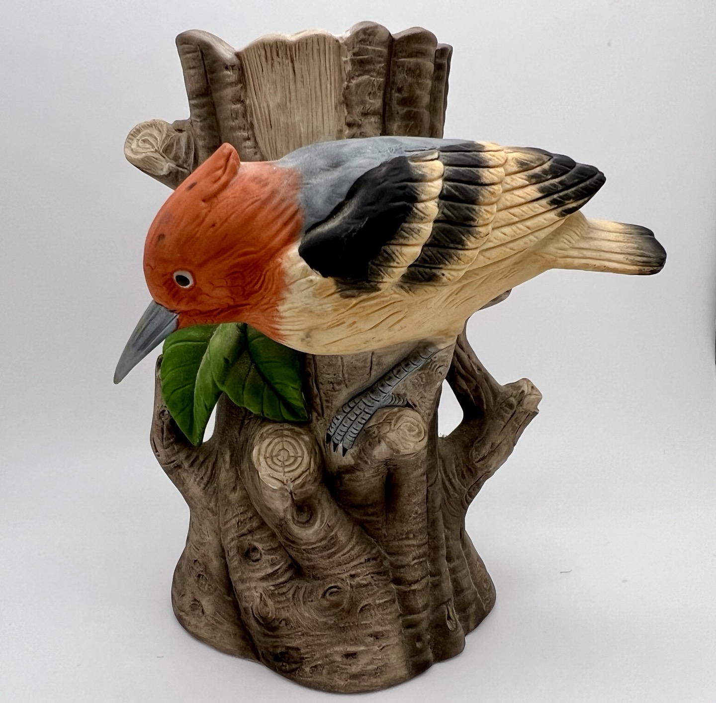 Vintage Bisque Ceramic Bird Vase Figurine Woodpecker on Tree Trunk Made ...