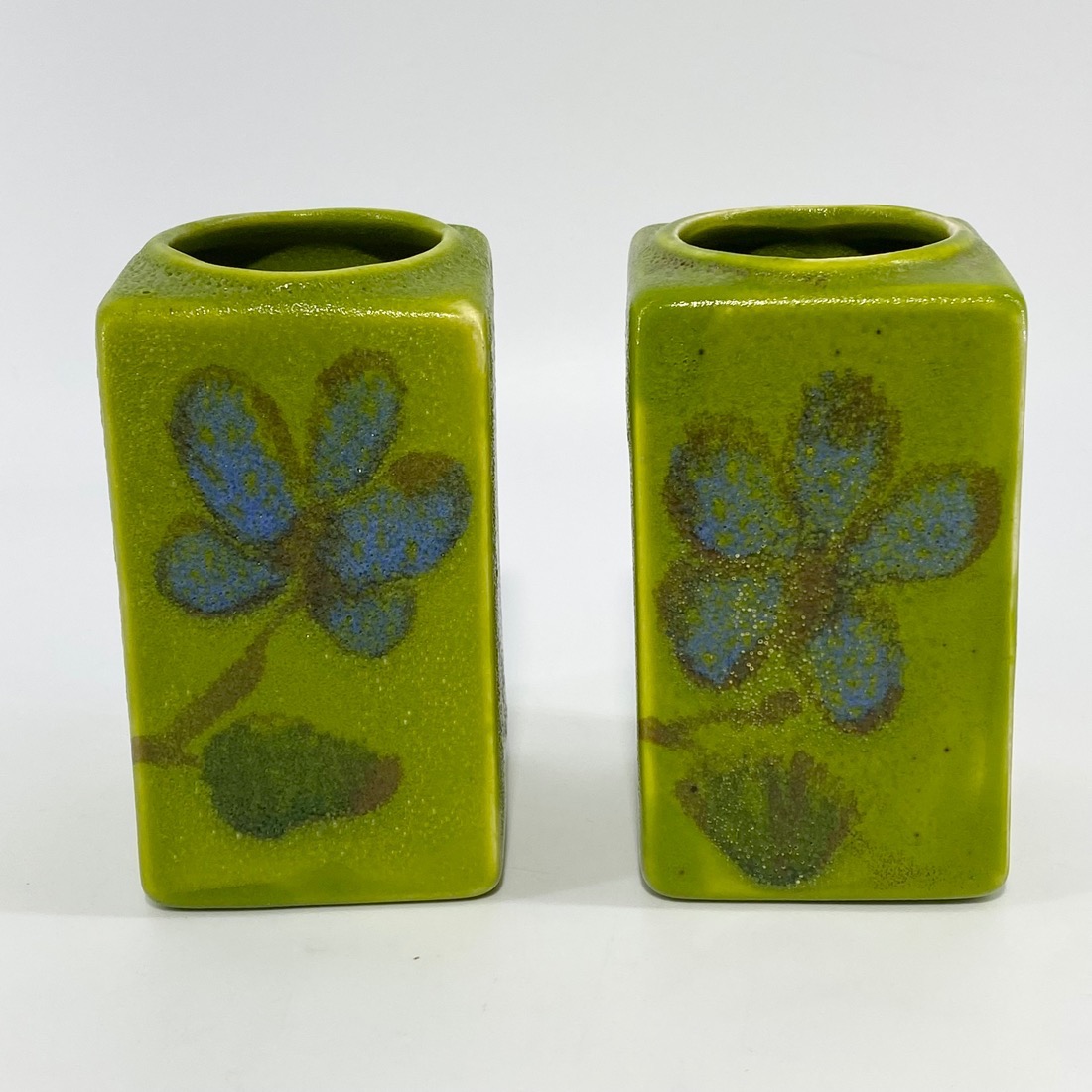 Set Of 2 Matching 4" MCM Rectangle Ceramic Hand Painted Florals Vases