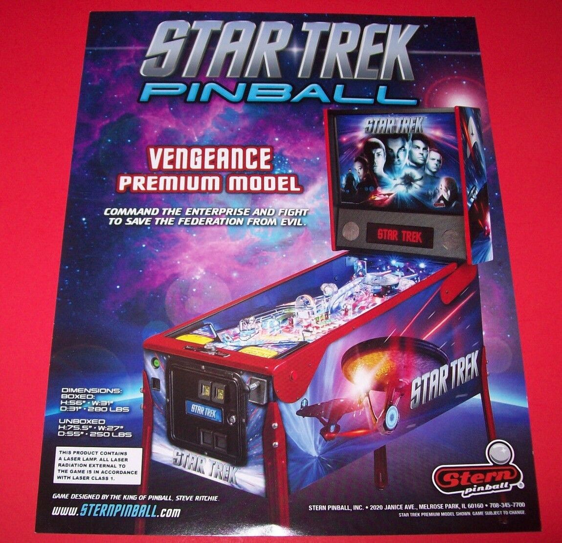 Star Trek Vengeance Premium Original 2013 NOS Pinball Machine Flyer Sci ...