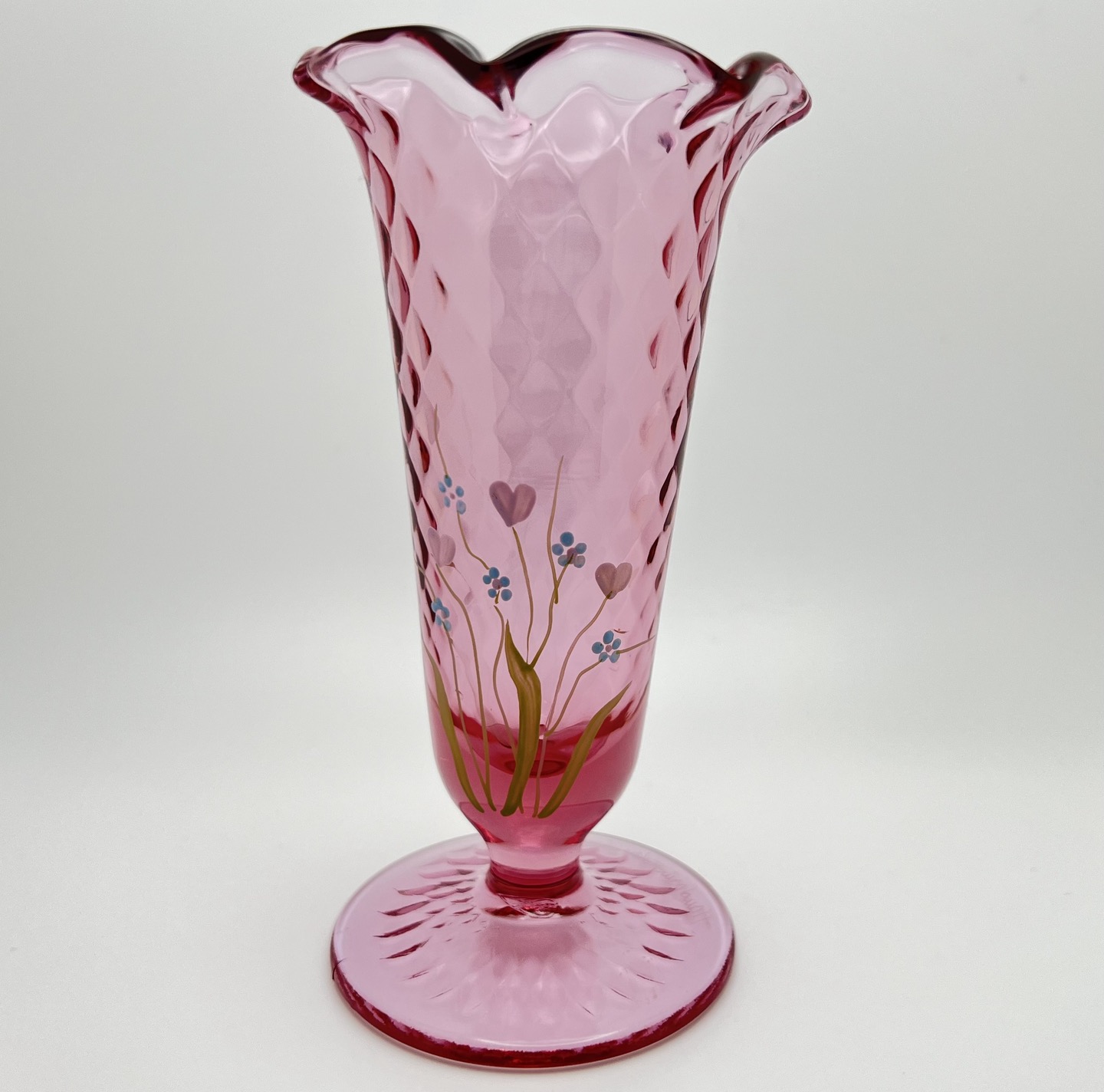 Fenton Diamond Pattern Glass Pedestal Vase Hand Painted & Signed “Donna ...